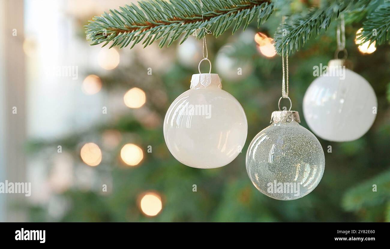 Glass Christmas baubles hanging on green pine tree branches with ...