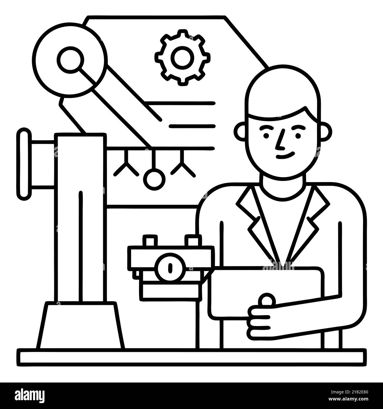 A simple line drawing of a man working with a machine. highlighting the ...