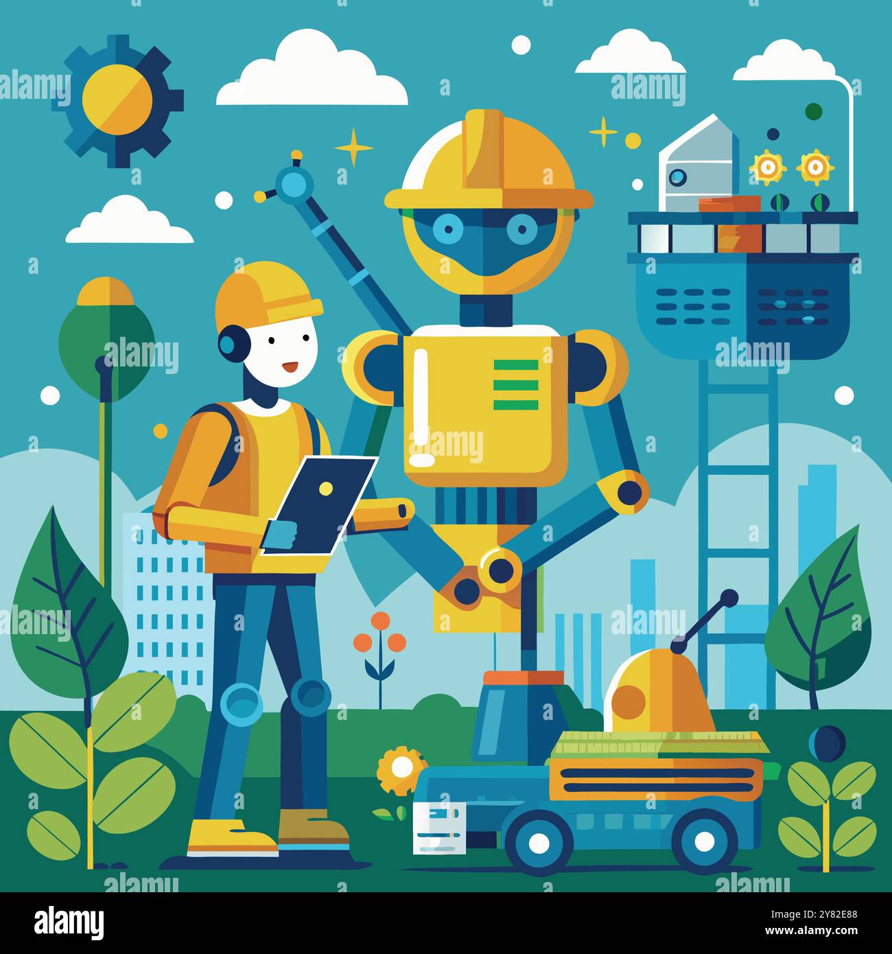 Illustration of a worker interacting with a construction robot. The ...