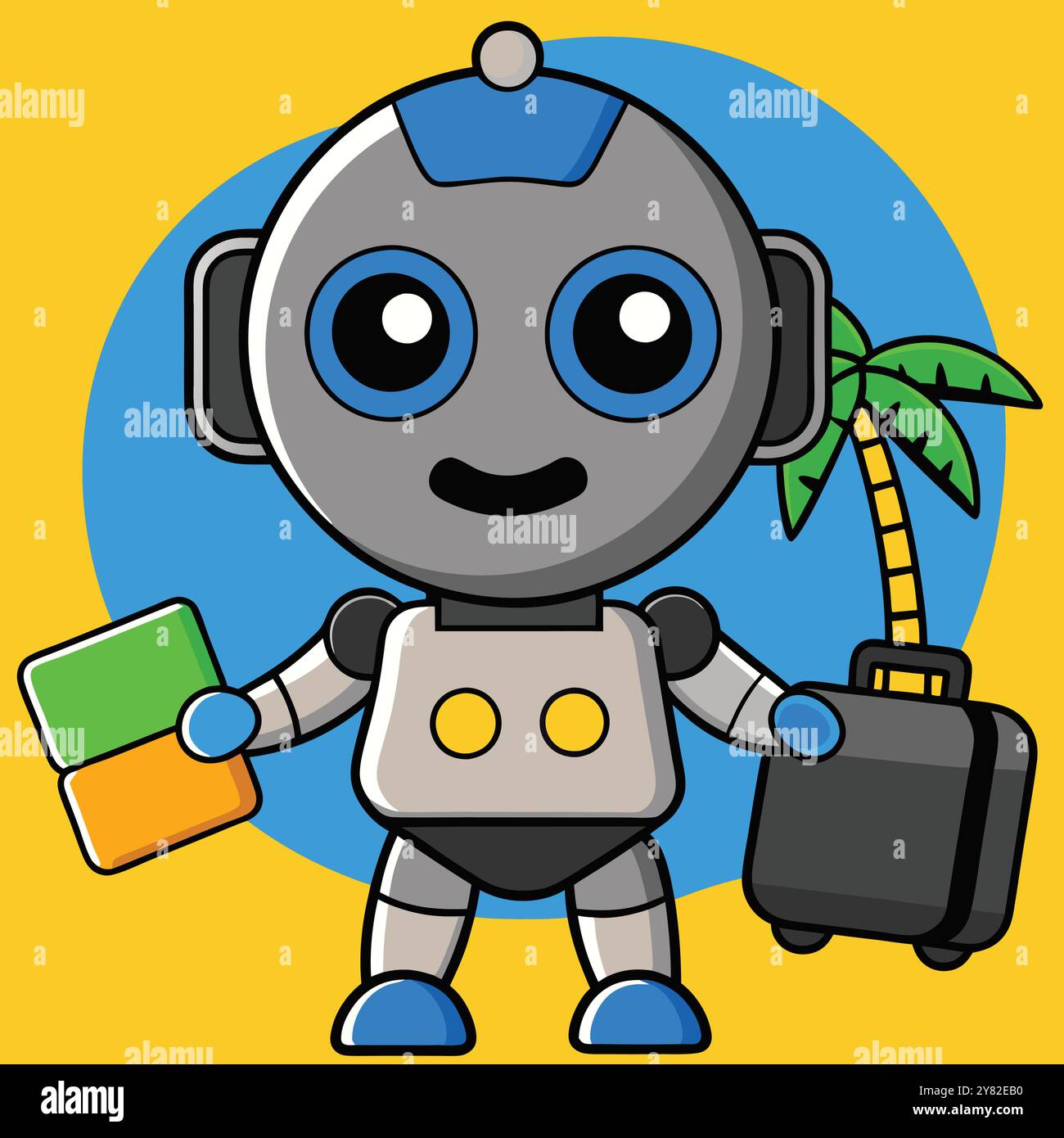 A friendly robot with a suitcase and a passport in hand. ready for a ...