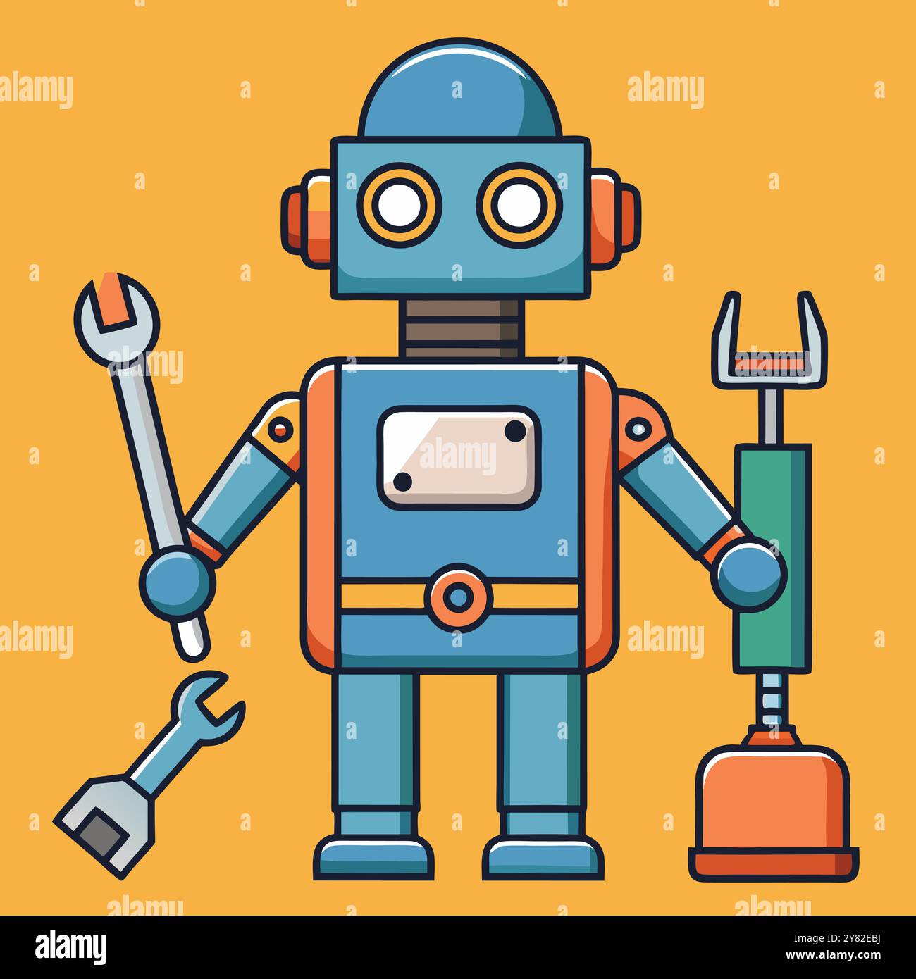 A friendly cartoon robot with a wrench and a plunger. ready to fix ...