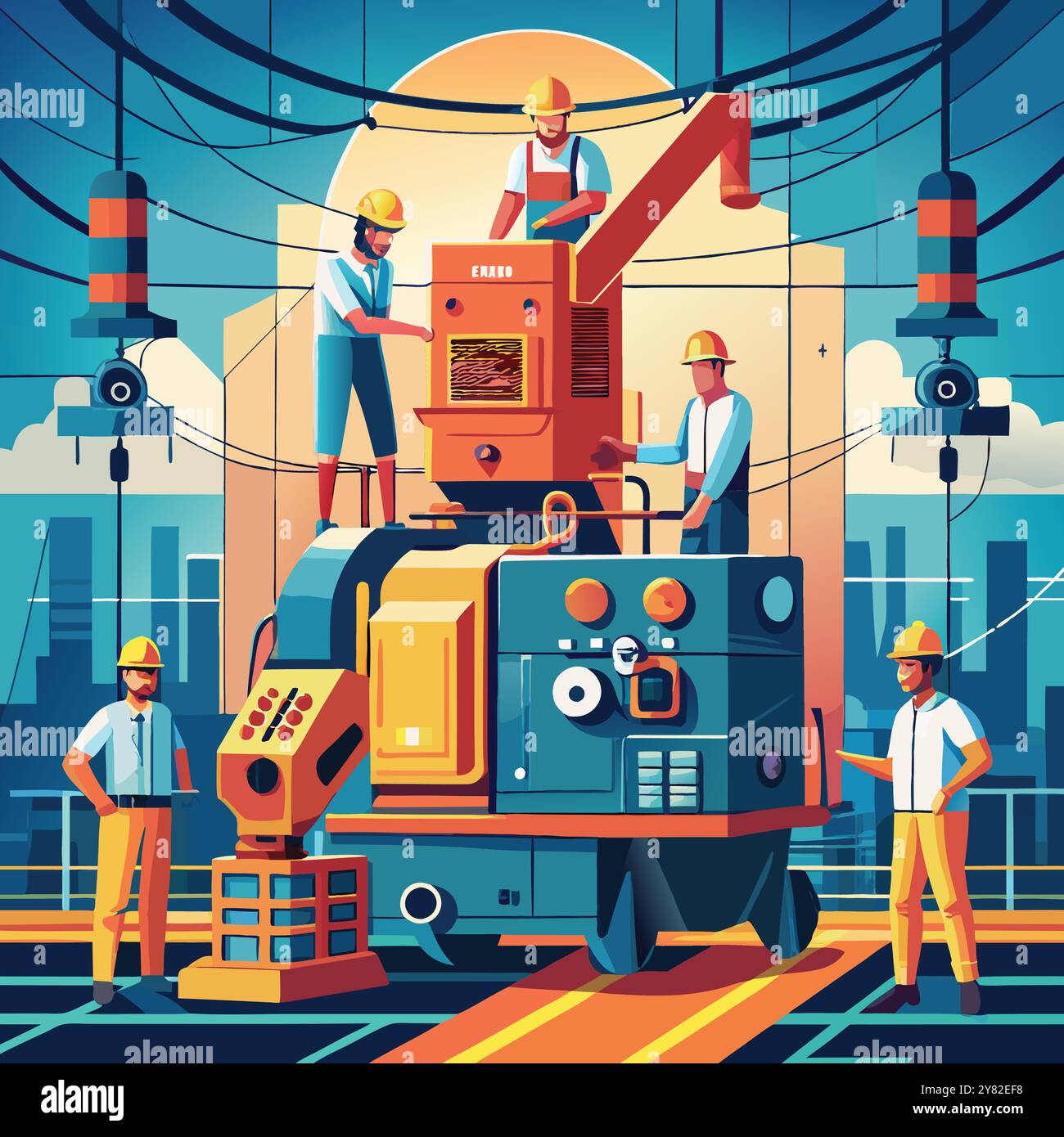 A group of engineers work on a large generator. illustrating the ...