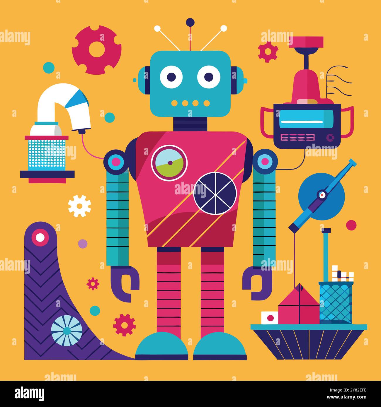 Fun and colorful vector illustration of a friendly robot with gears ...