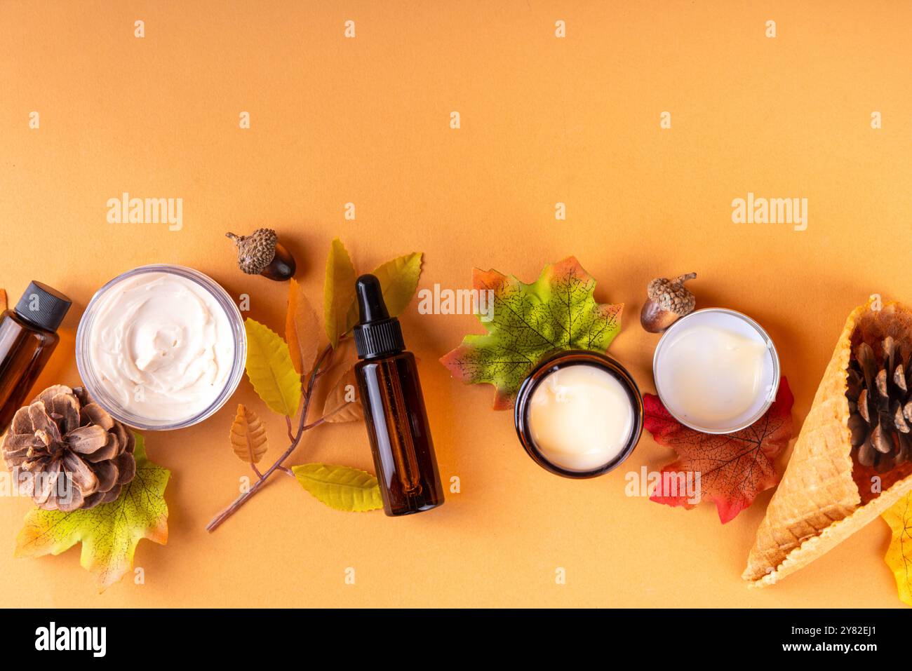 Autumn cosmetics skin care, basic beauty care for fall season. Bottles ...