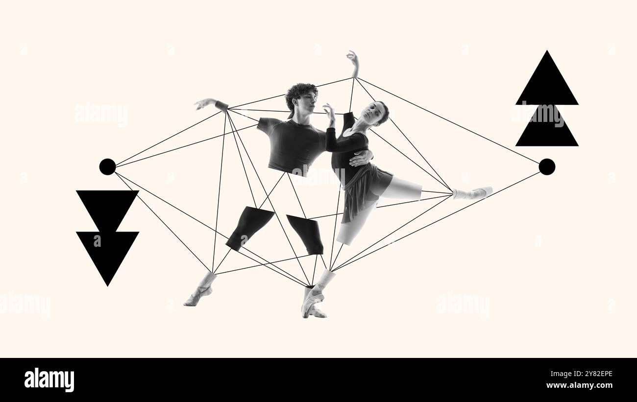 Contemporary art collage. Duet captured in mid-dance, abstract shapes ...