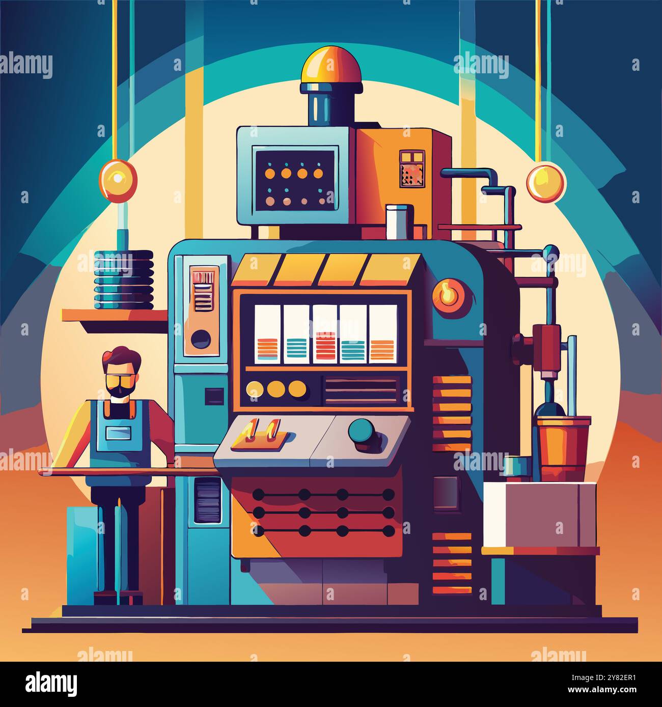 A vibrant illustration of a futuristic factory with a worker operating ...