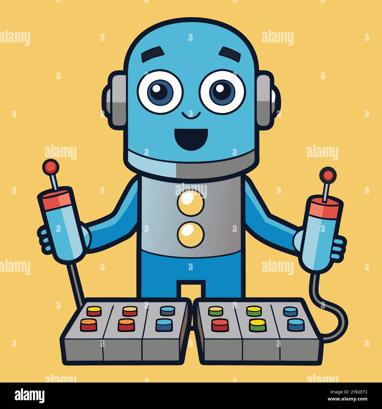 A cheerful blue robot with big eyes and a wide smile operates a control ...