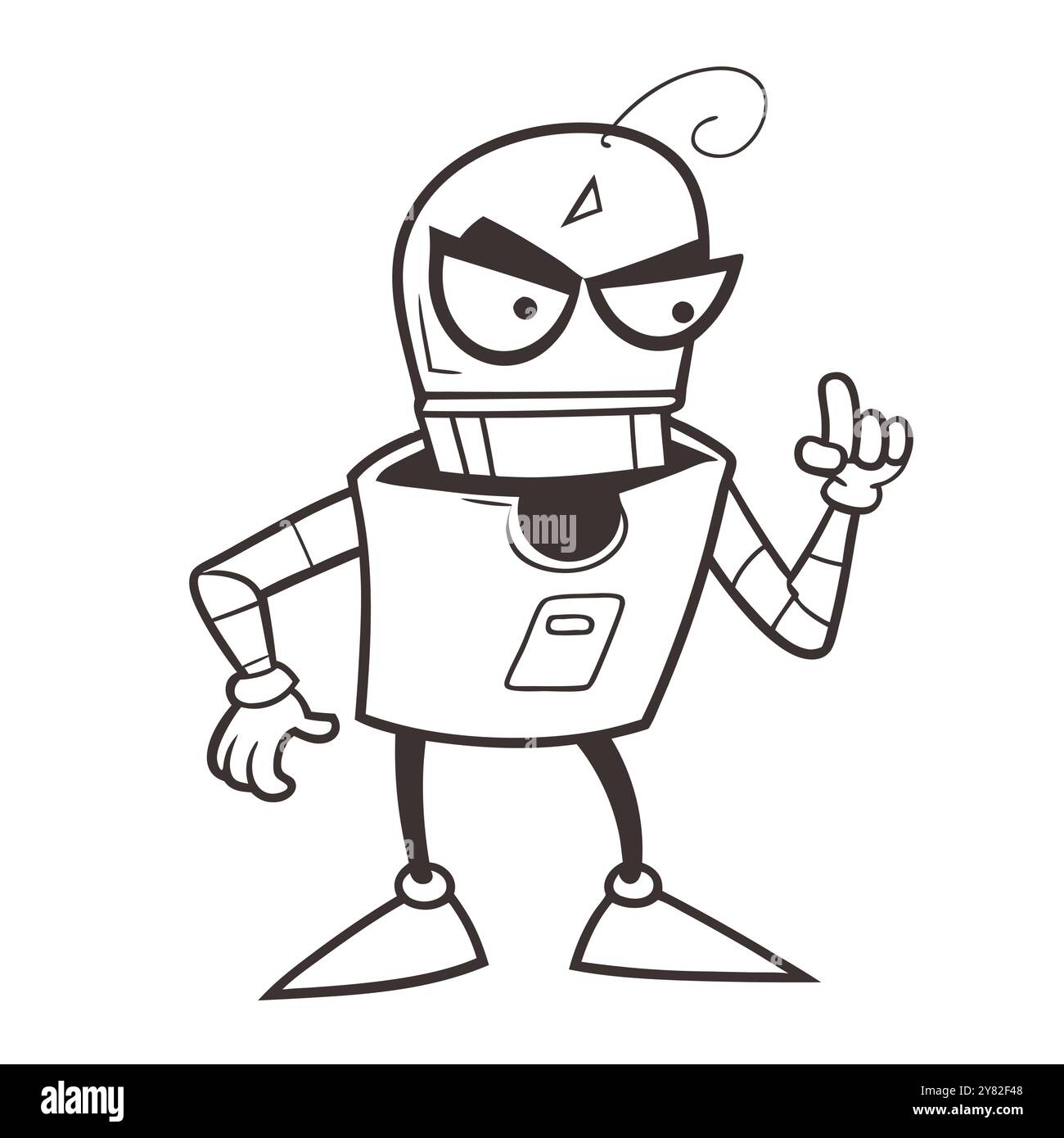 A cartoon robot with an angry expression points his finger up ...