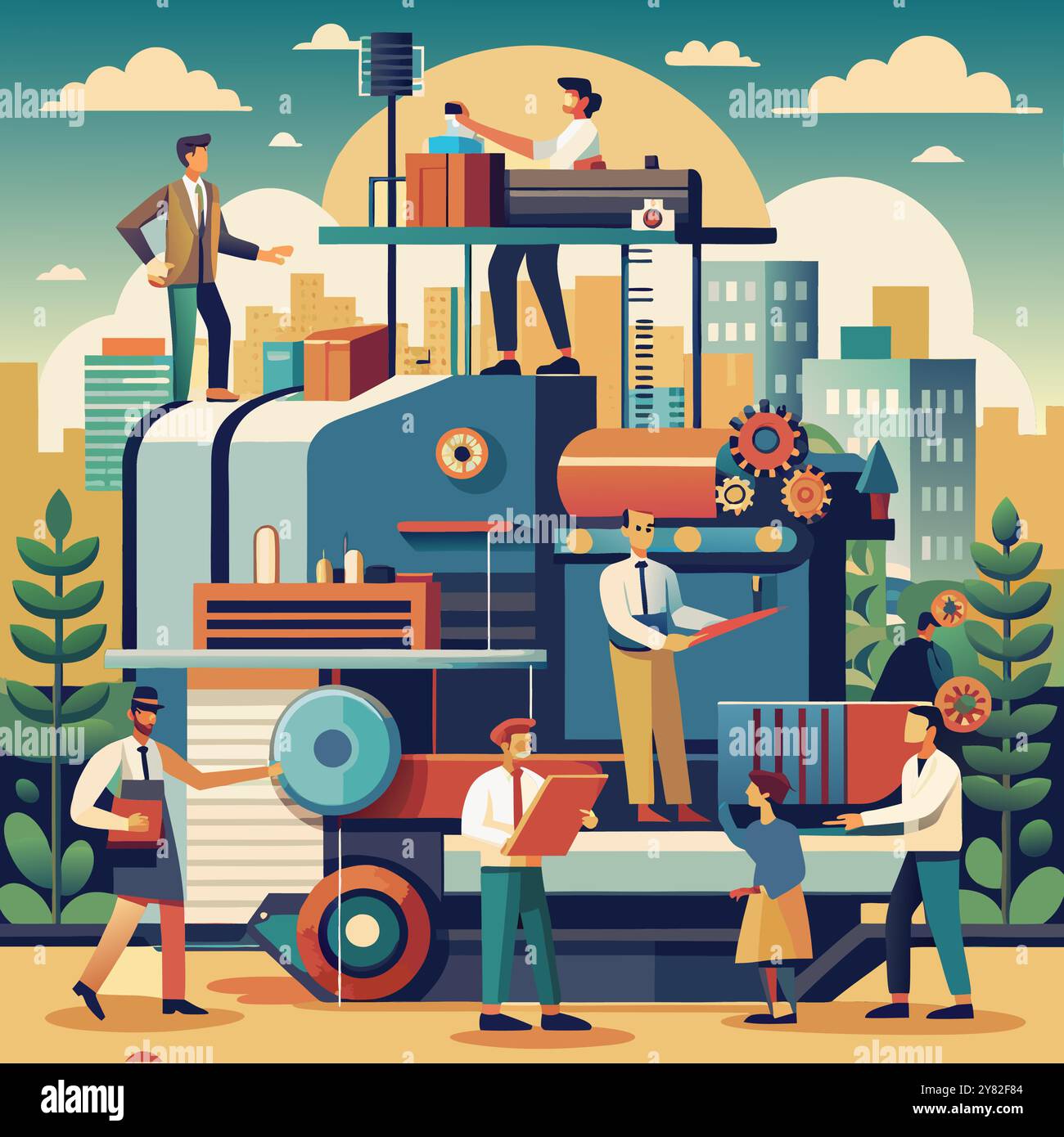 A colorful and modern illustration depicting a group of people ...