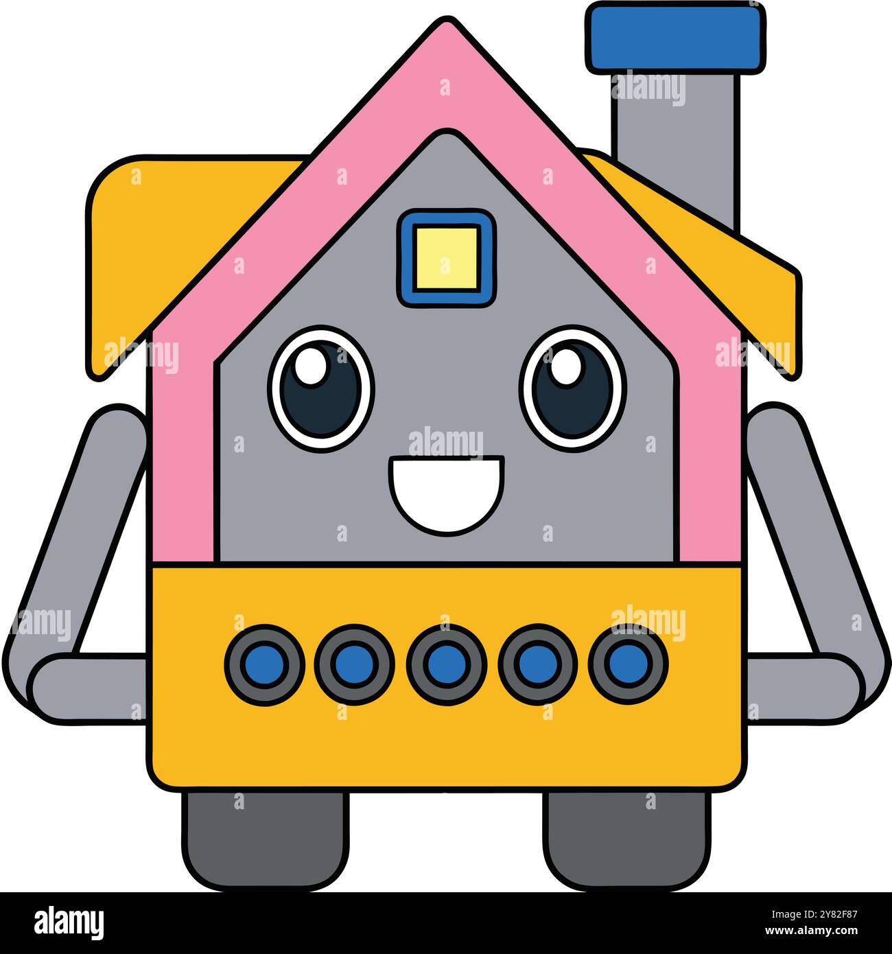A cheerful. cartoon style robot shaped like a house with big eyes. a ...