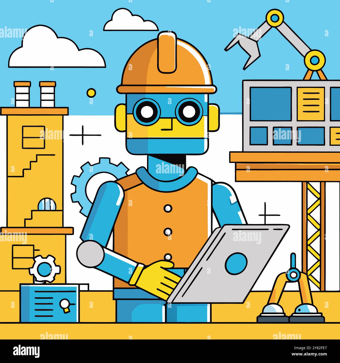 A friendly robot worker wearing a hardhat operates a laptop in a ...