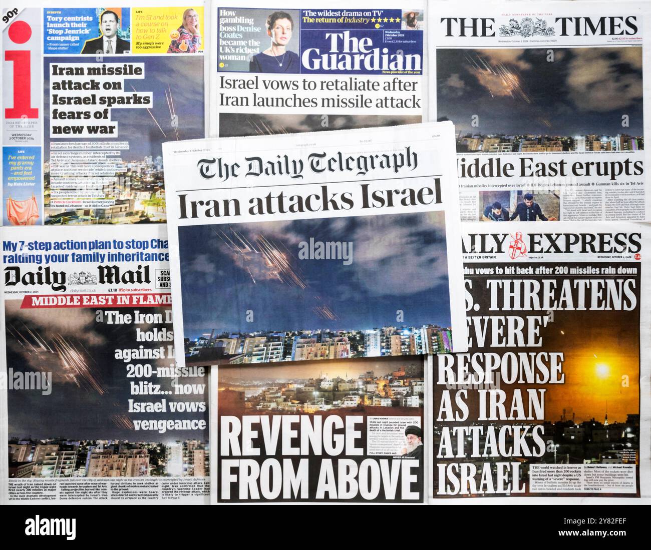 2 October 2024. Front page headlines of UK newspapers after Iran's ...