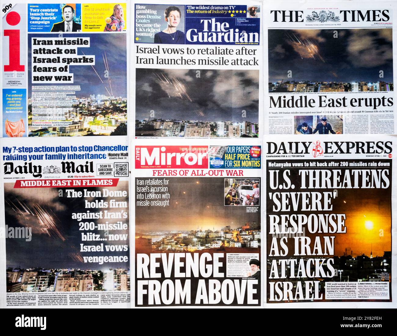 2 October 2024. Front page headlines of UK newspapers after Iran's ...