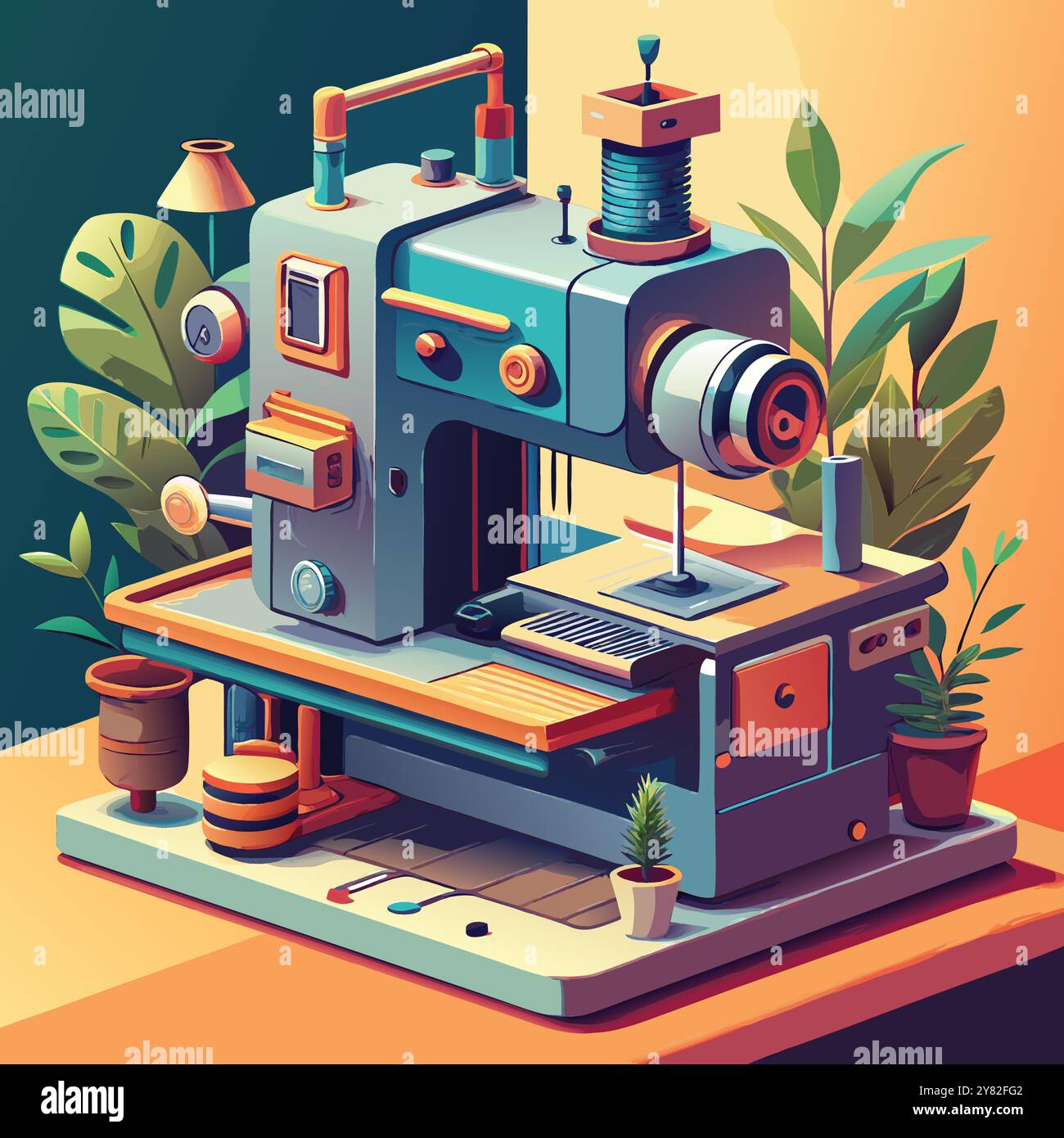 A colorful. isometric illustration of a vintage sewing machine with a ...