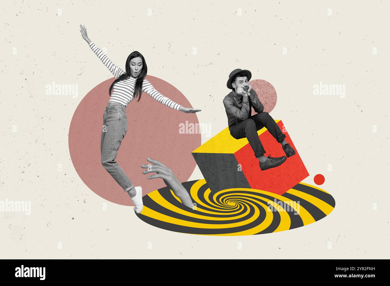 Creative retro 3d magazine collage image of shocked couple swallowing ...