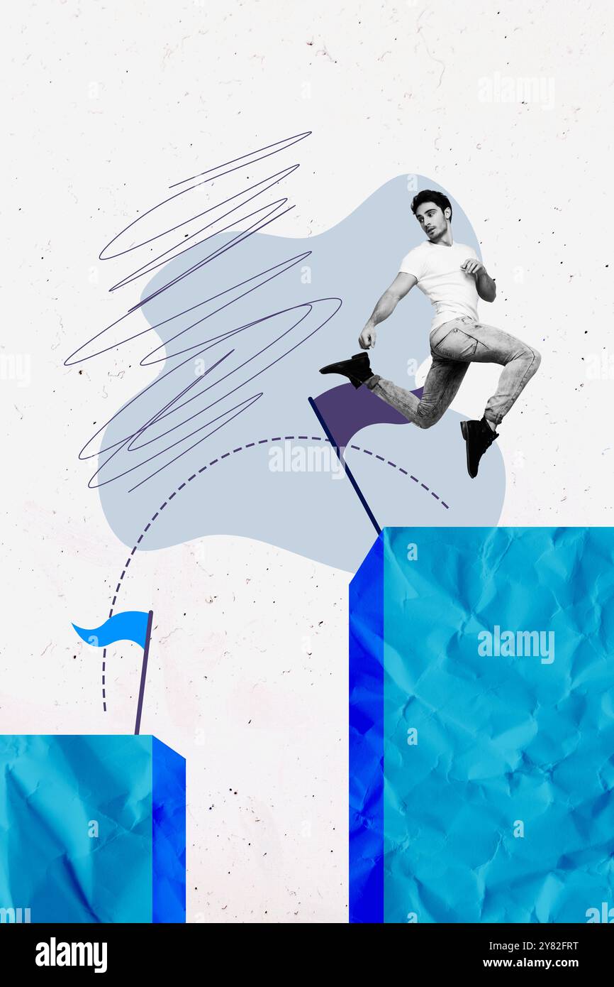 Vertical photo collage of serious man jump promotion stairs chart ...