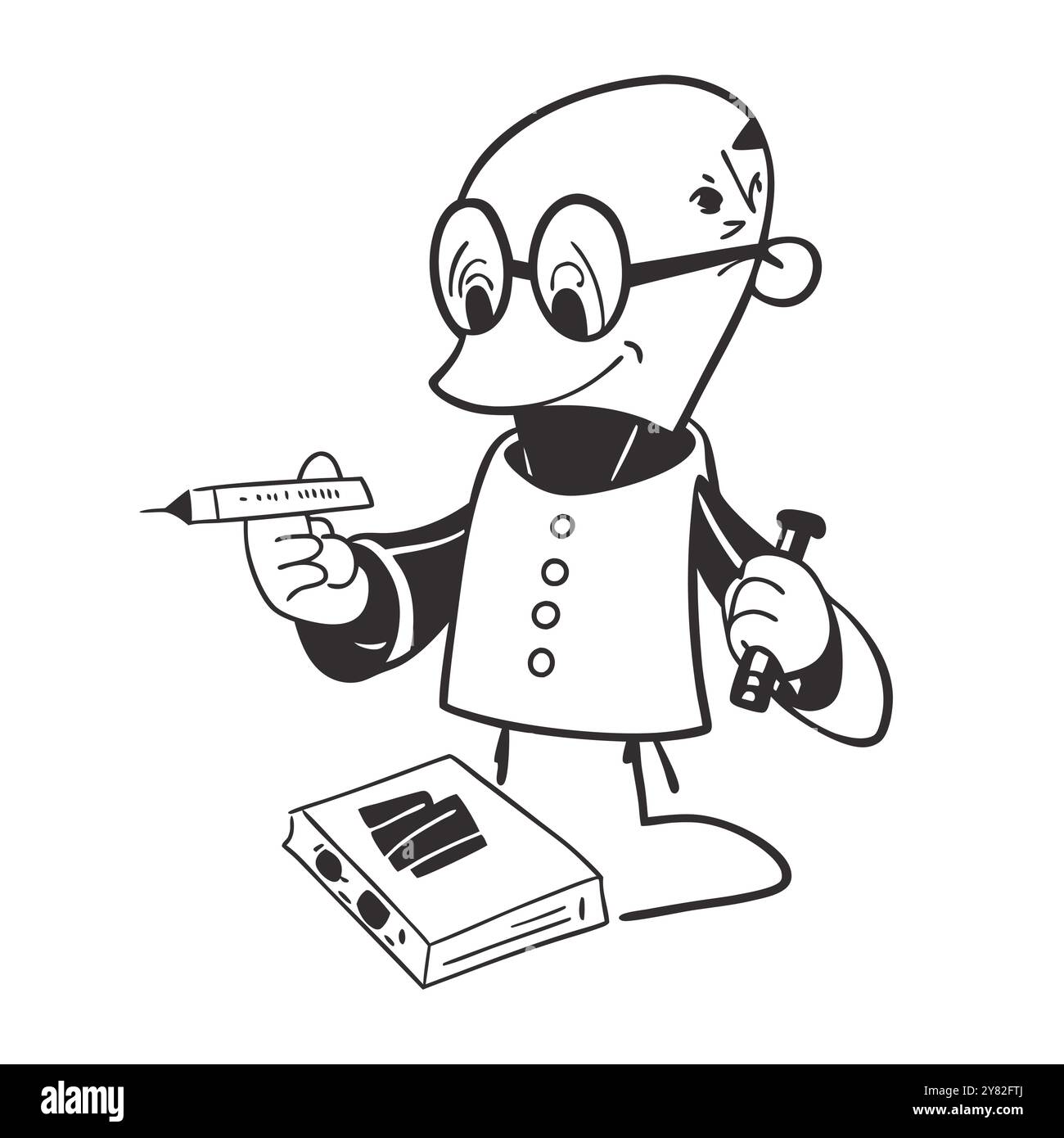 A quirky. cartoon illustration of a scientist holding a pencil and a ...