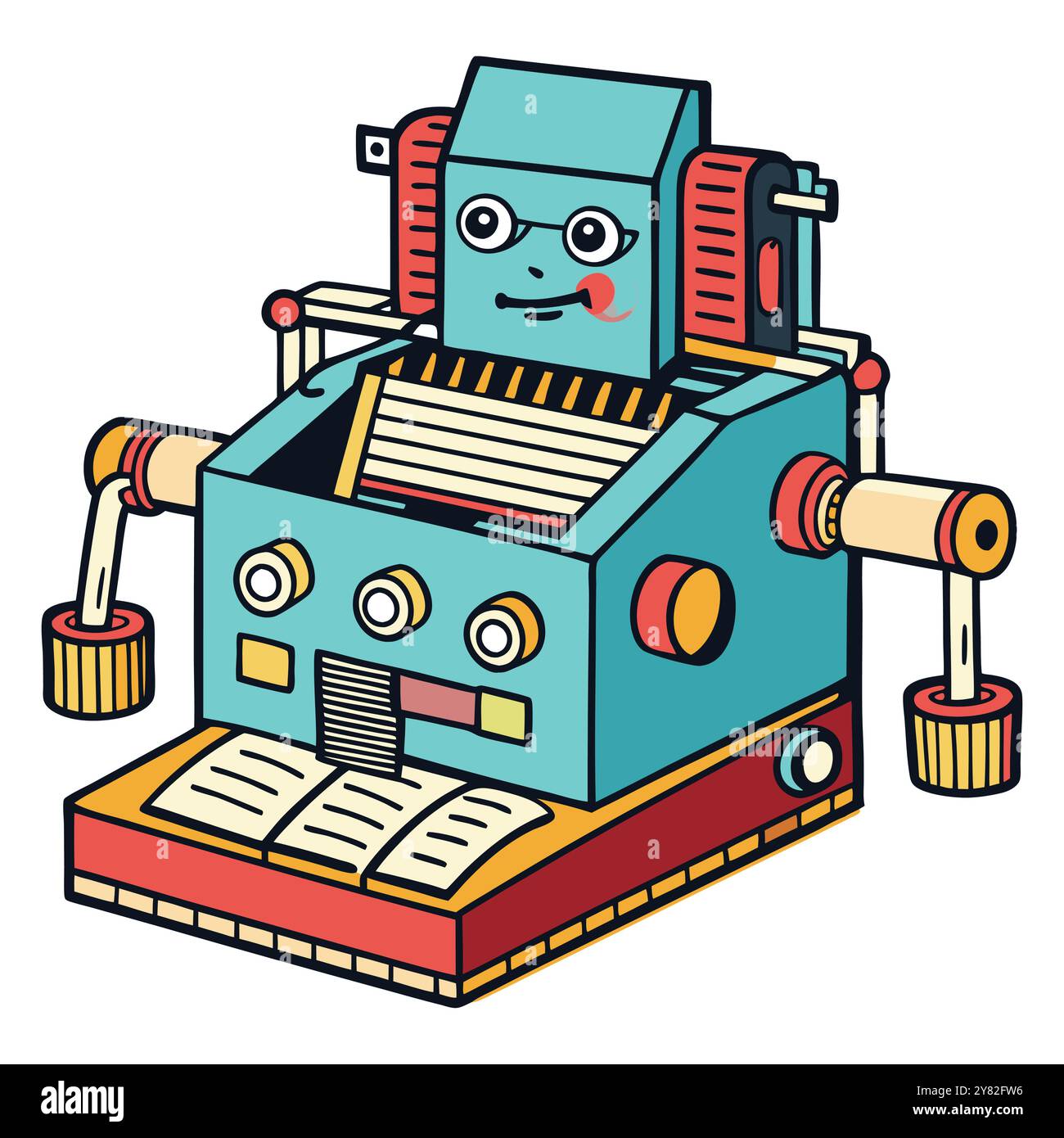 A friendly. cartoon robot with a mischievous expression. wearing ...