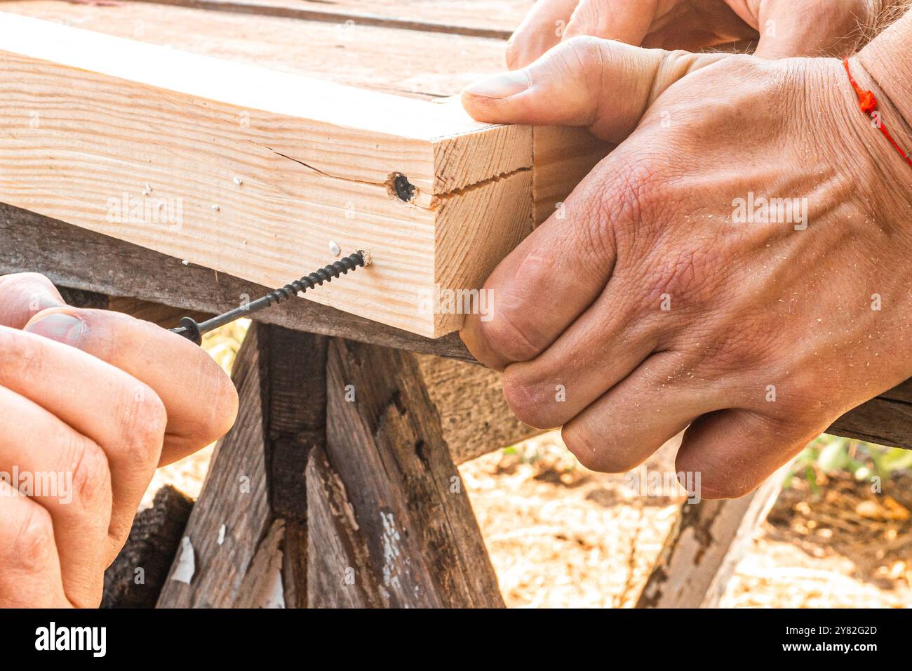 Repair of wooden products. Hands close-up Stock Photo - Alamy