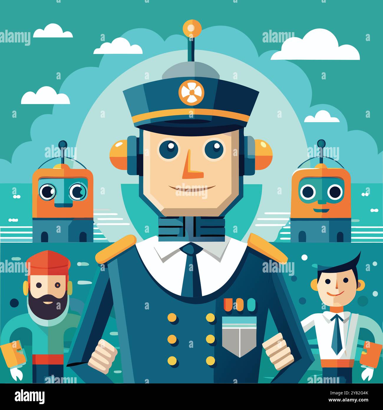 A friendly robot captain stands tall. surrounded by his crew of smaller robots. This charming ...