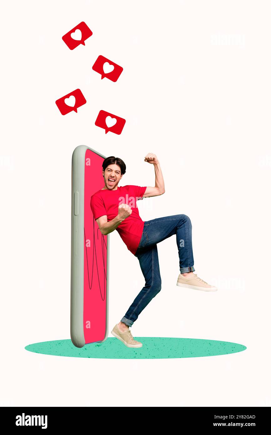 Collage artwork banner of happy cheerful glad man rejoice celebrate ...