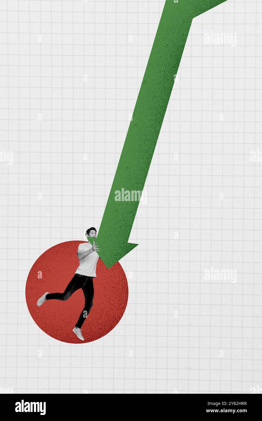 Collage template of afraid scared man huge arrow fall down direction ...