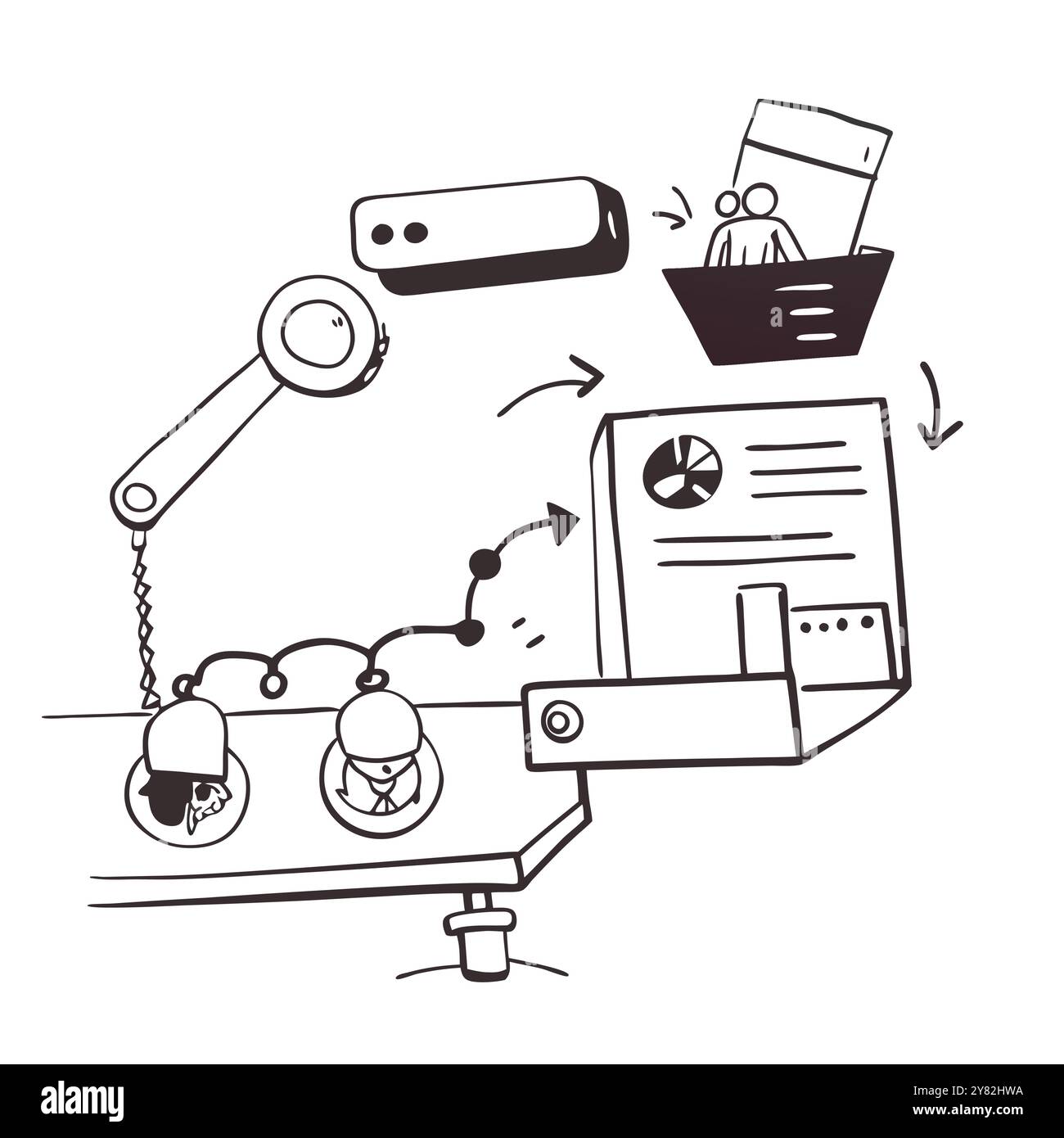 A simple. hand drawn illustration of a business process. It features a ...