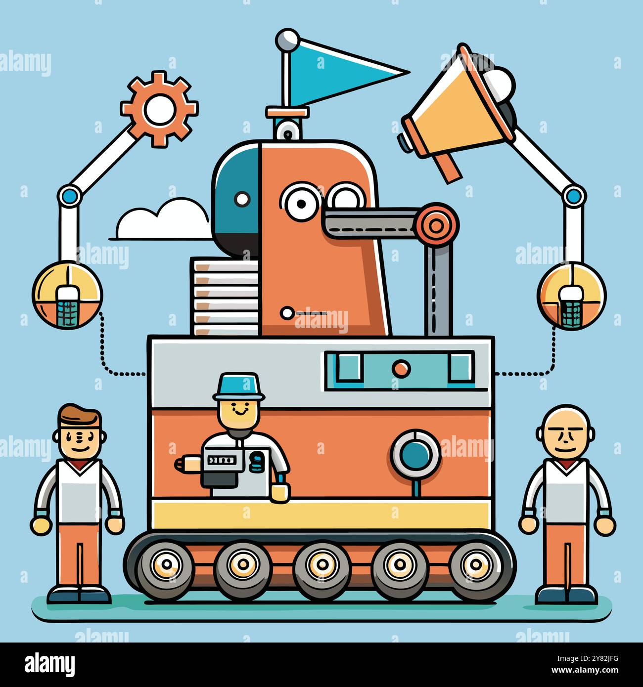 Cute cartoon illustration of a robot with a robot worker operating it ...
