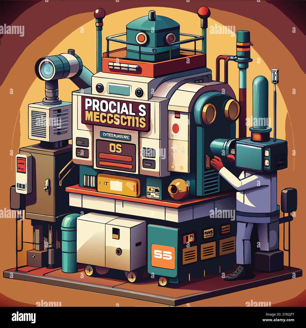 A futuristic. retro inspired illustration depicting a complex machine ...