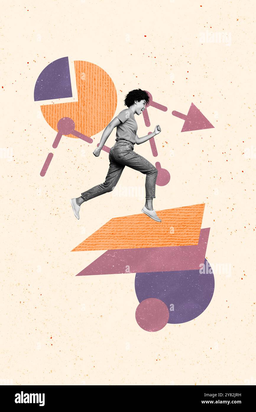 Vertical photo collage of happy american girl run promotion arrow ...