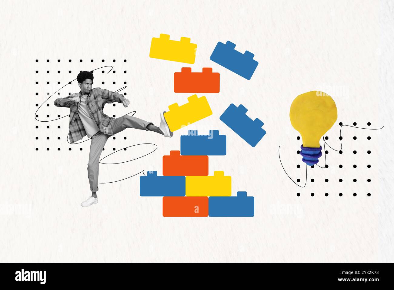 Composite photo collage of serious american guy kick lego bricks led ...