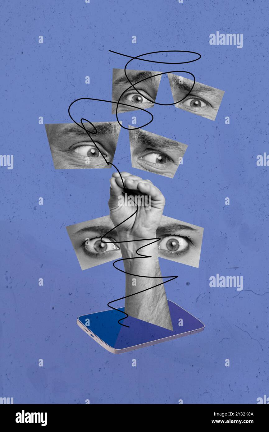 Vertical photo collage of scared female male eyes hand talk bullying ...