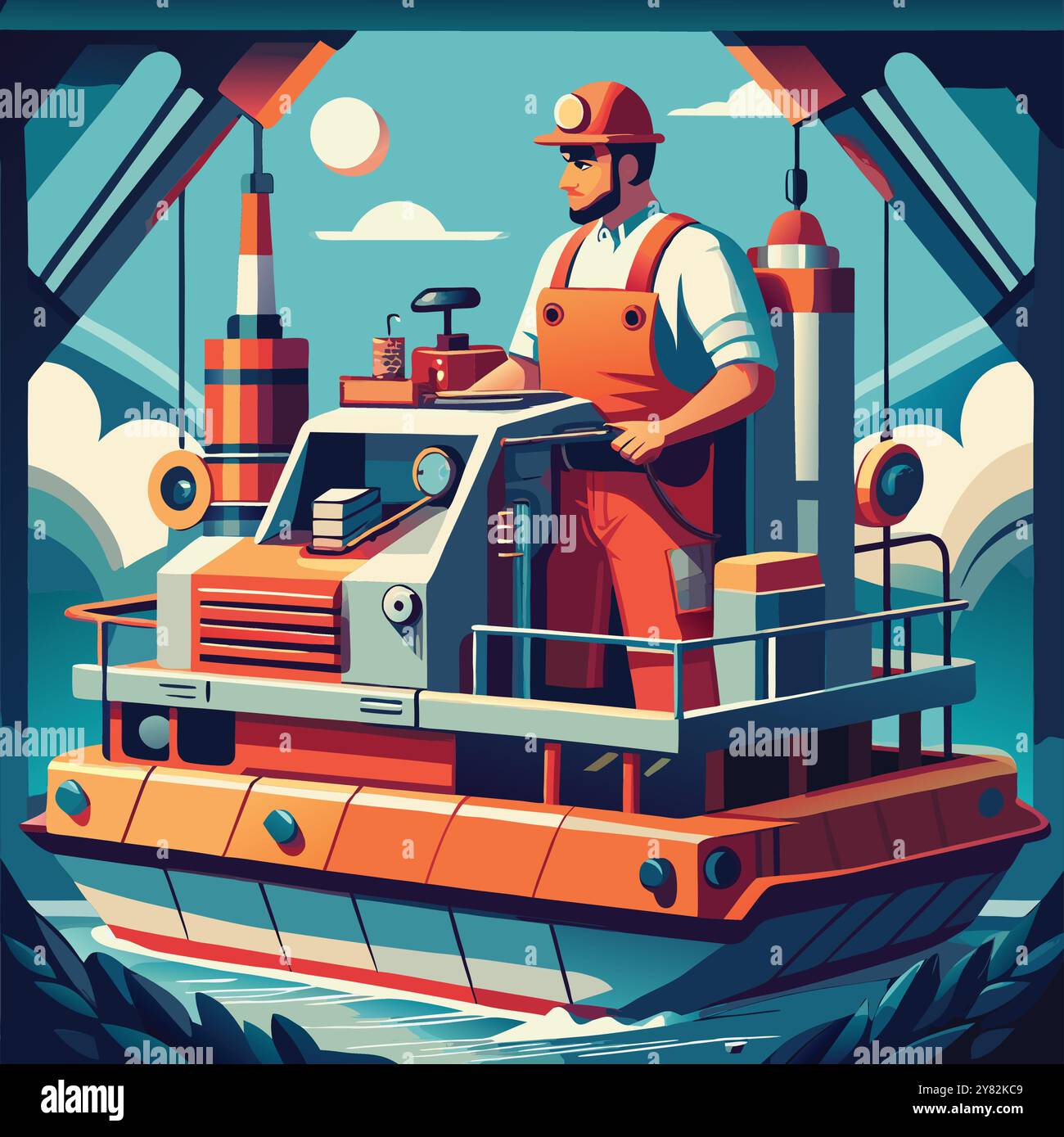 A stylized illustration of a worker operating a futuristic. orange and ...