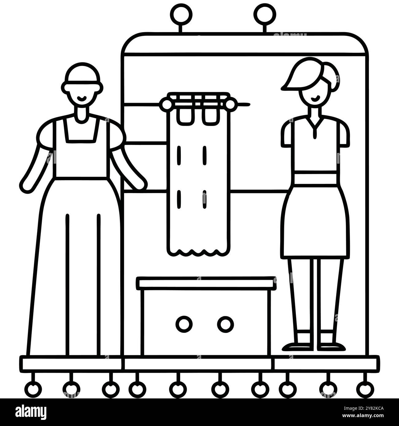 A simple line drawing of two figures standing in a dressing room ...