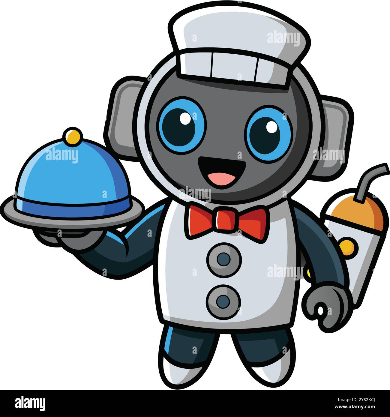 A friendly robot waiter with a big smile. holding a serving tray. ready ...