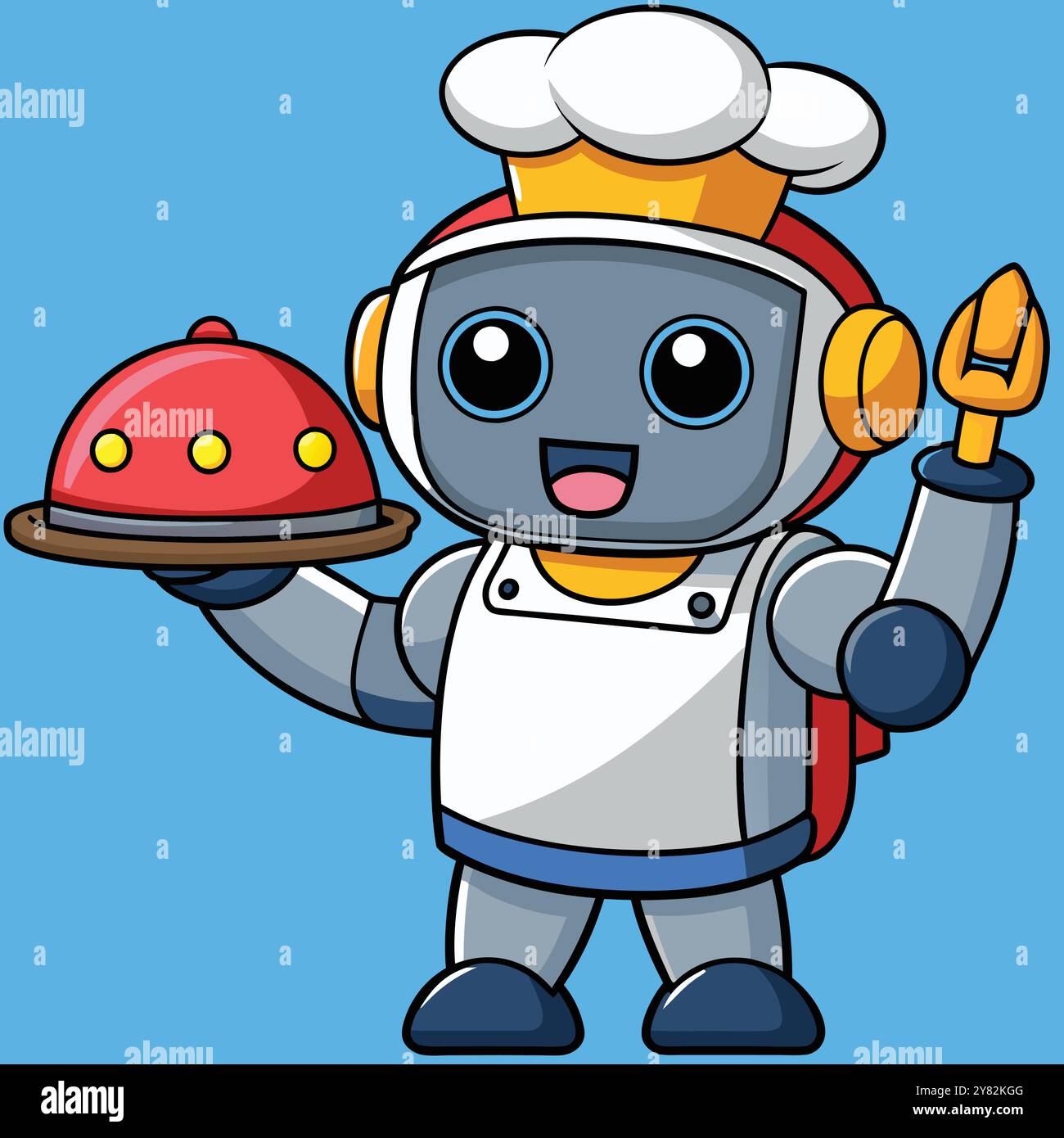 A friendly robot chef wearing a chefs hat and apron. holding a cloche ...