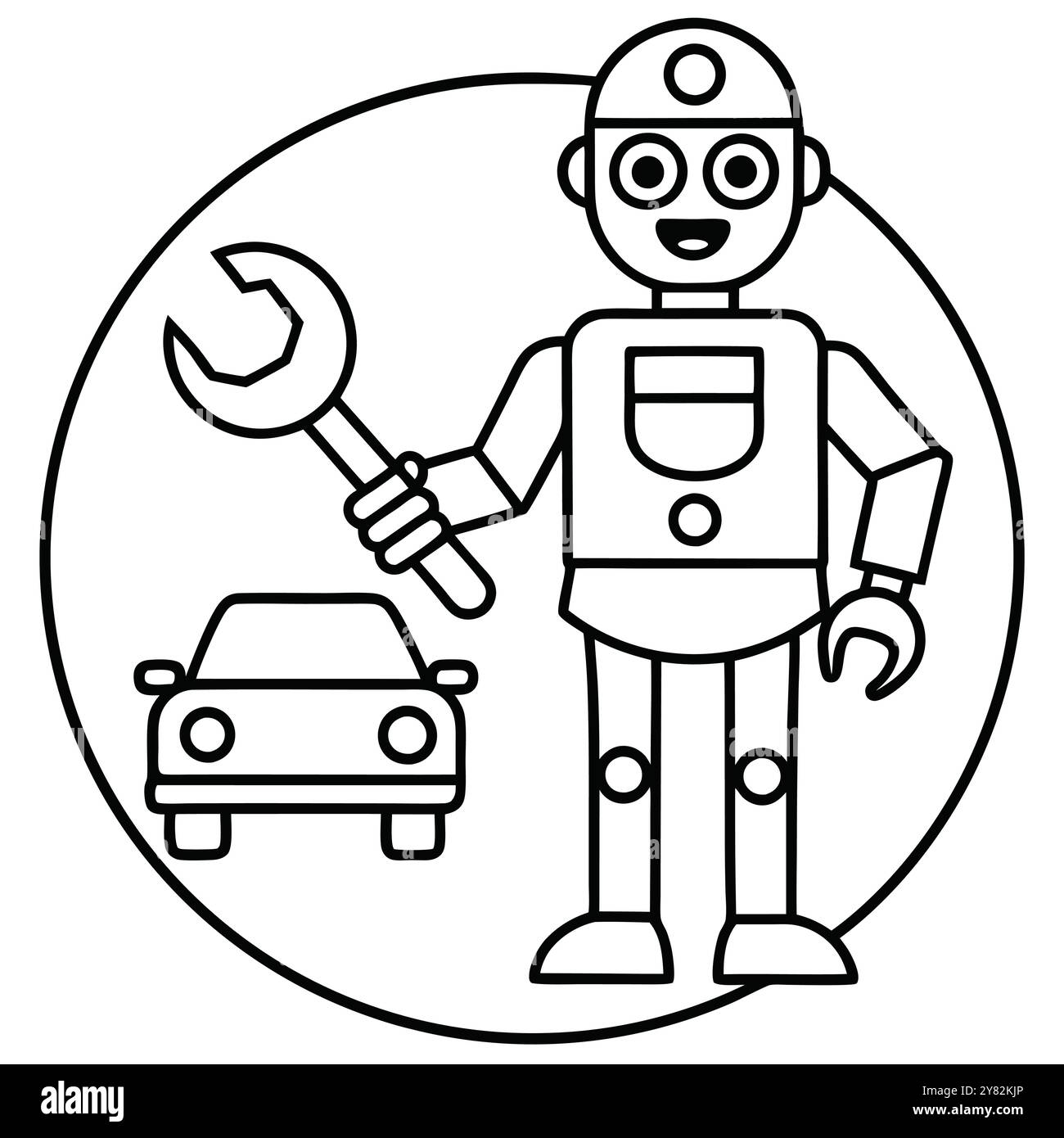 A friendly robot mechanic holding a wrench. standing next to a car ...