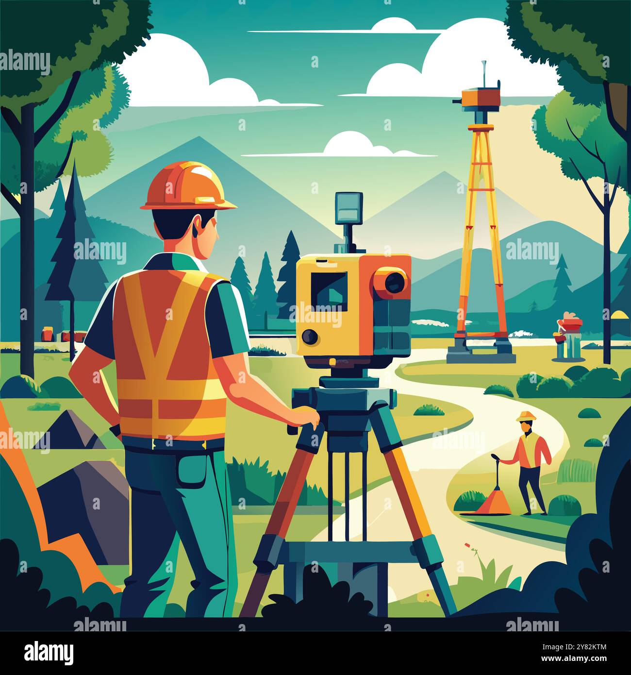 A surveyor in a bright orange vest and hardhat uses a theodolite to ...