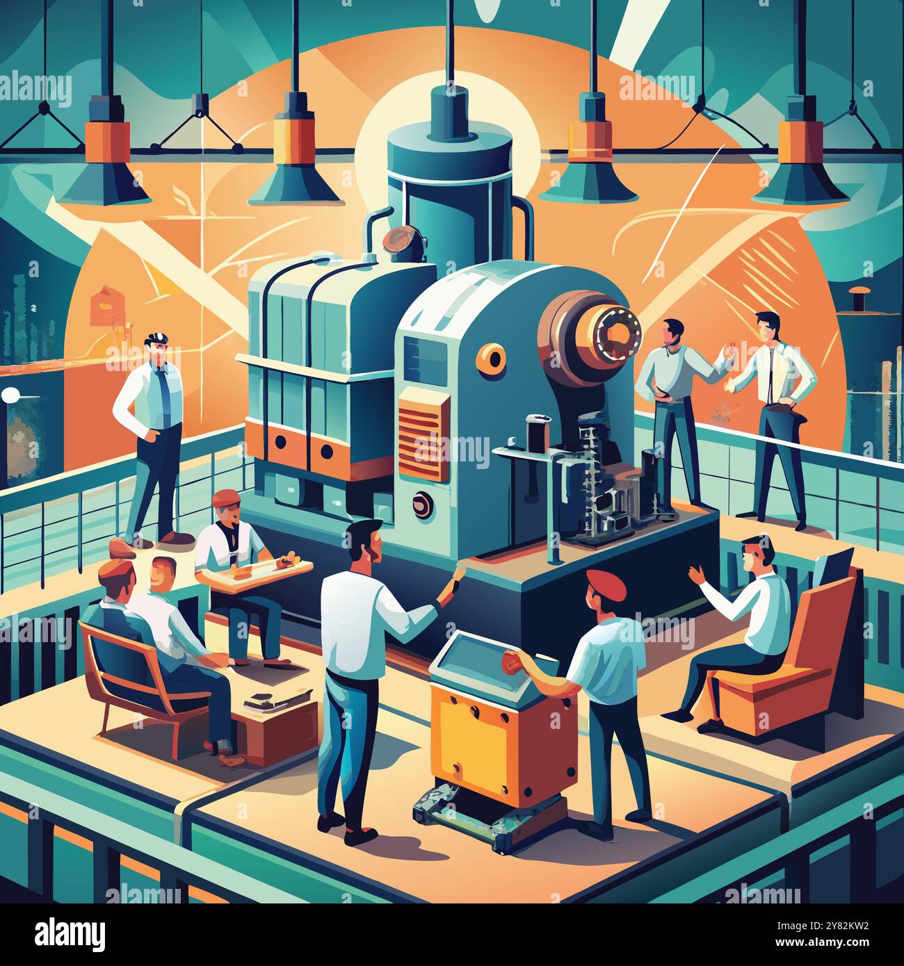 A group of engineers stand around a large. impressive industrial ...