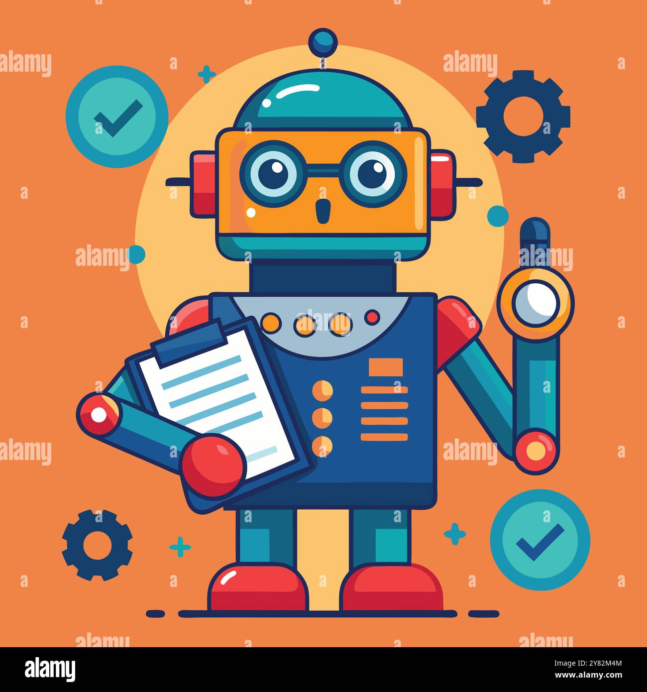 Friendly robot holding a clipboard with a checklist. surrounded by ...