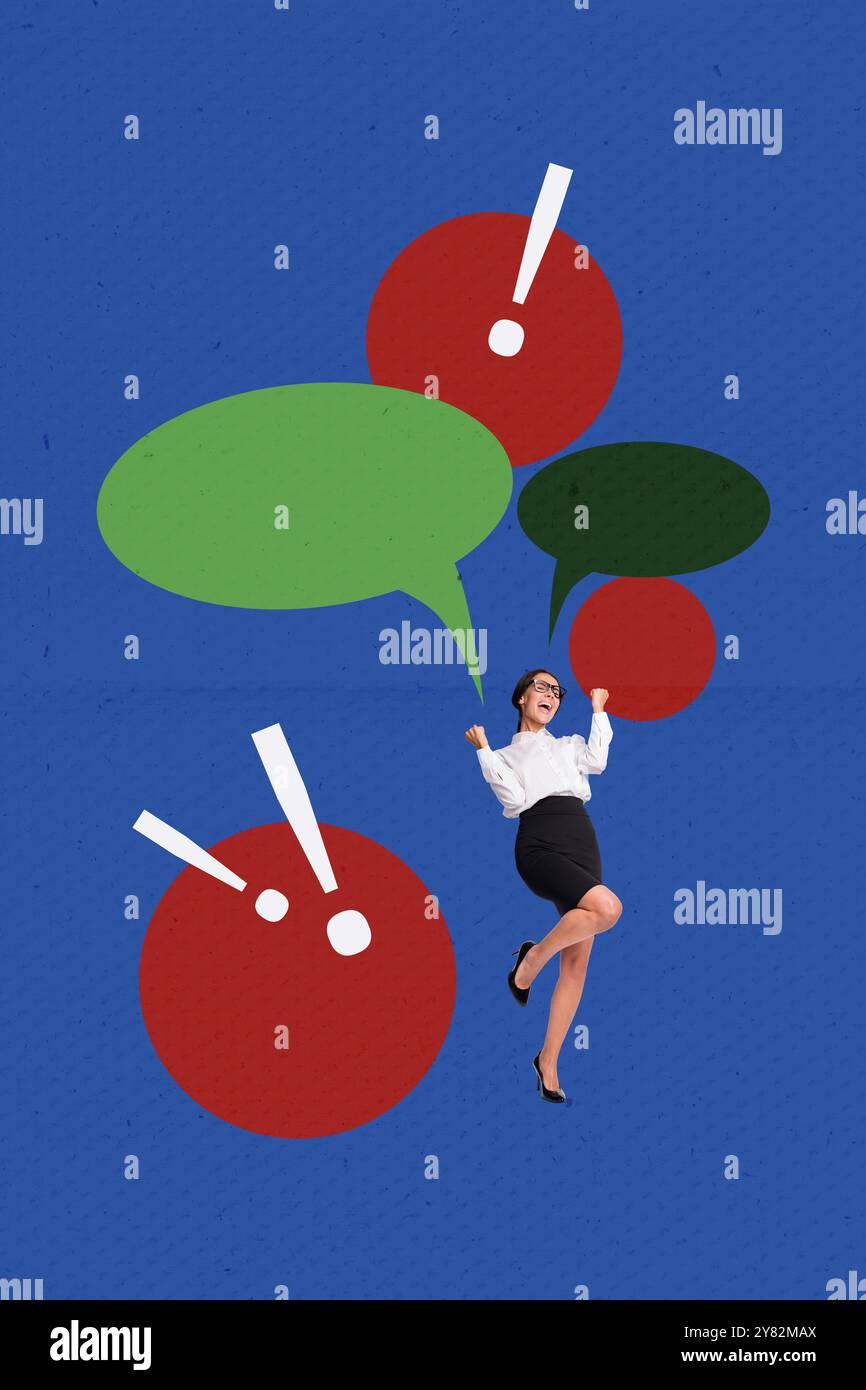 Vertical collage poster young businesswoman speech communication dialog ...