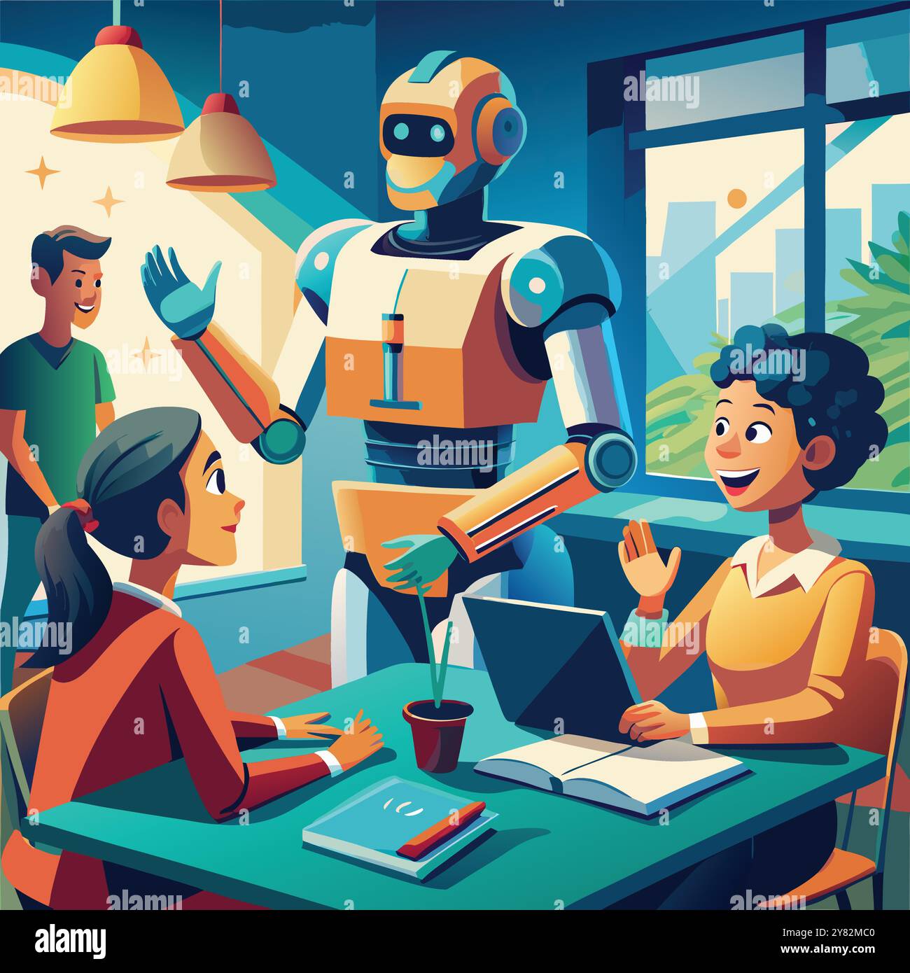 Friendly robot interacts with humans in a modern office setting. showcasing the potential of AI ...