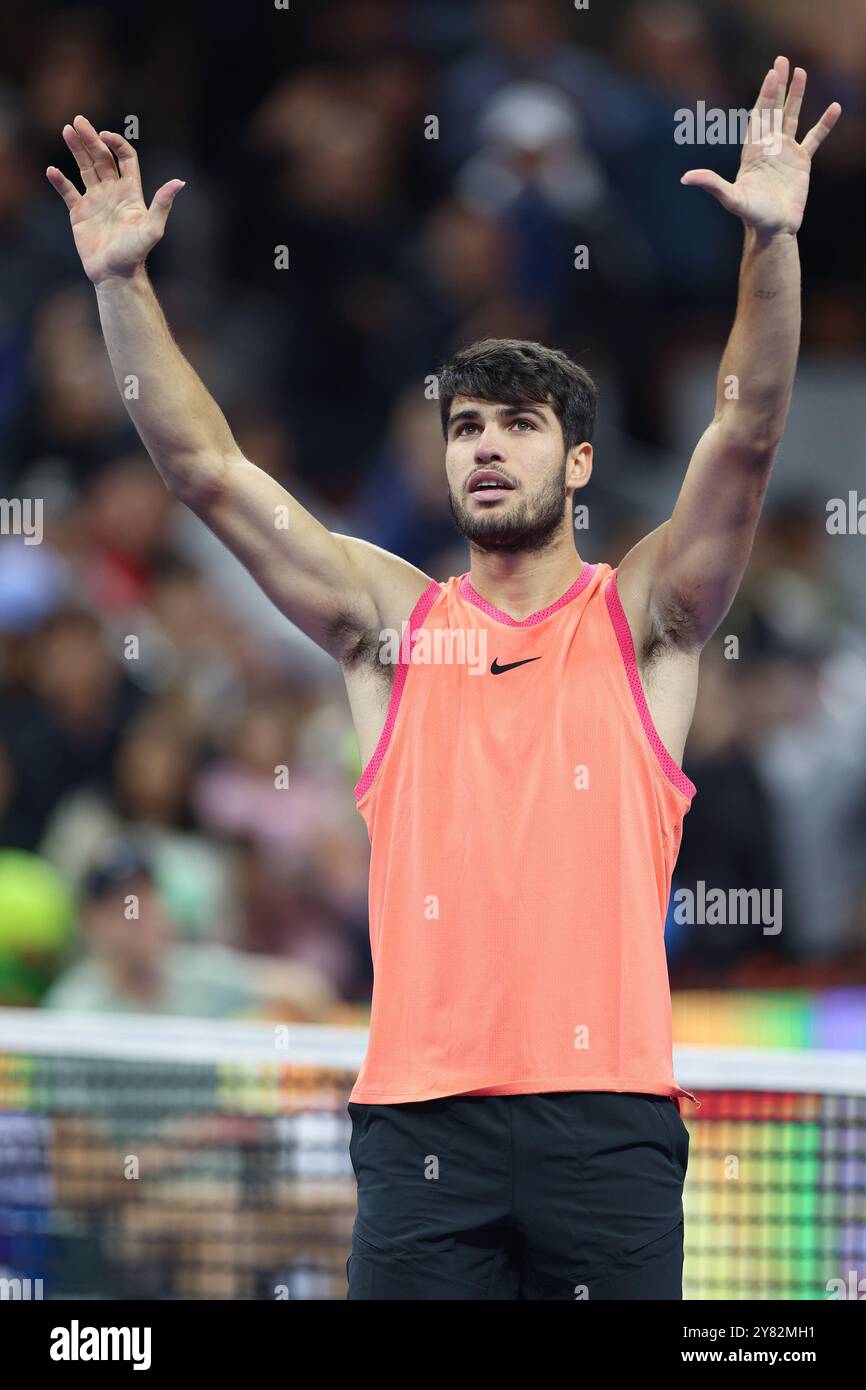 Beijing, China. 2nd Oct, 2024. Carlos Alcaraz of Spain celebrates after ...