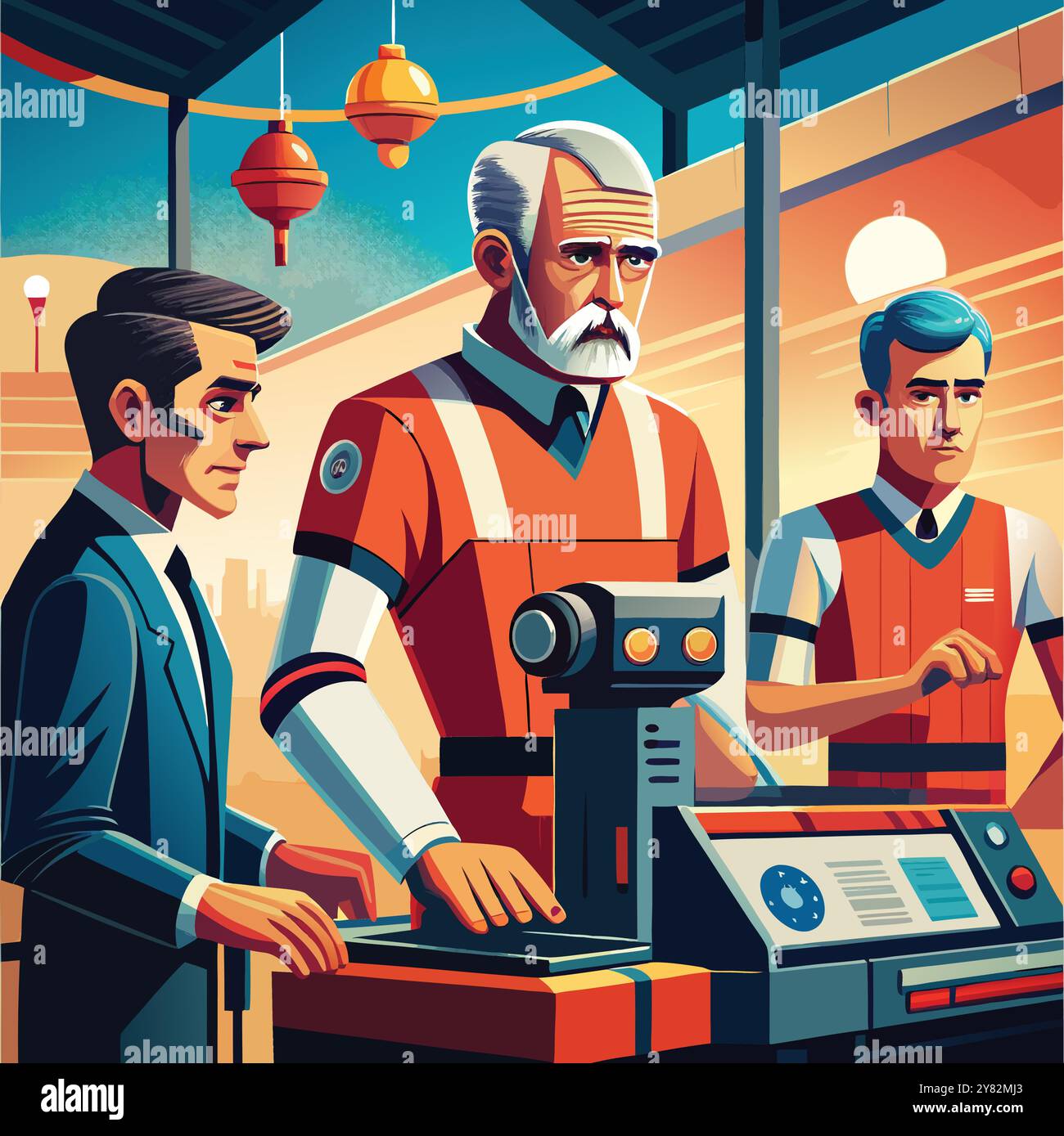 A retro futuristic illustration of three men interacting with a ...