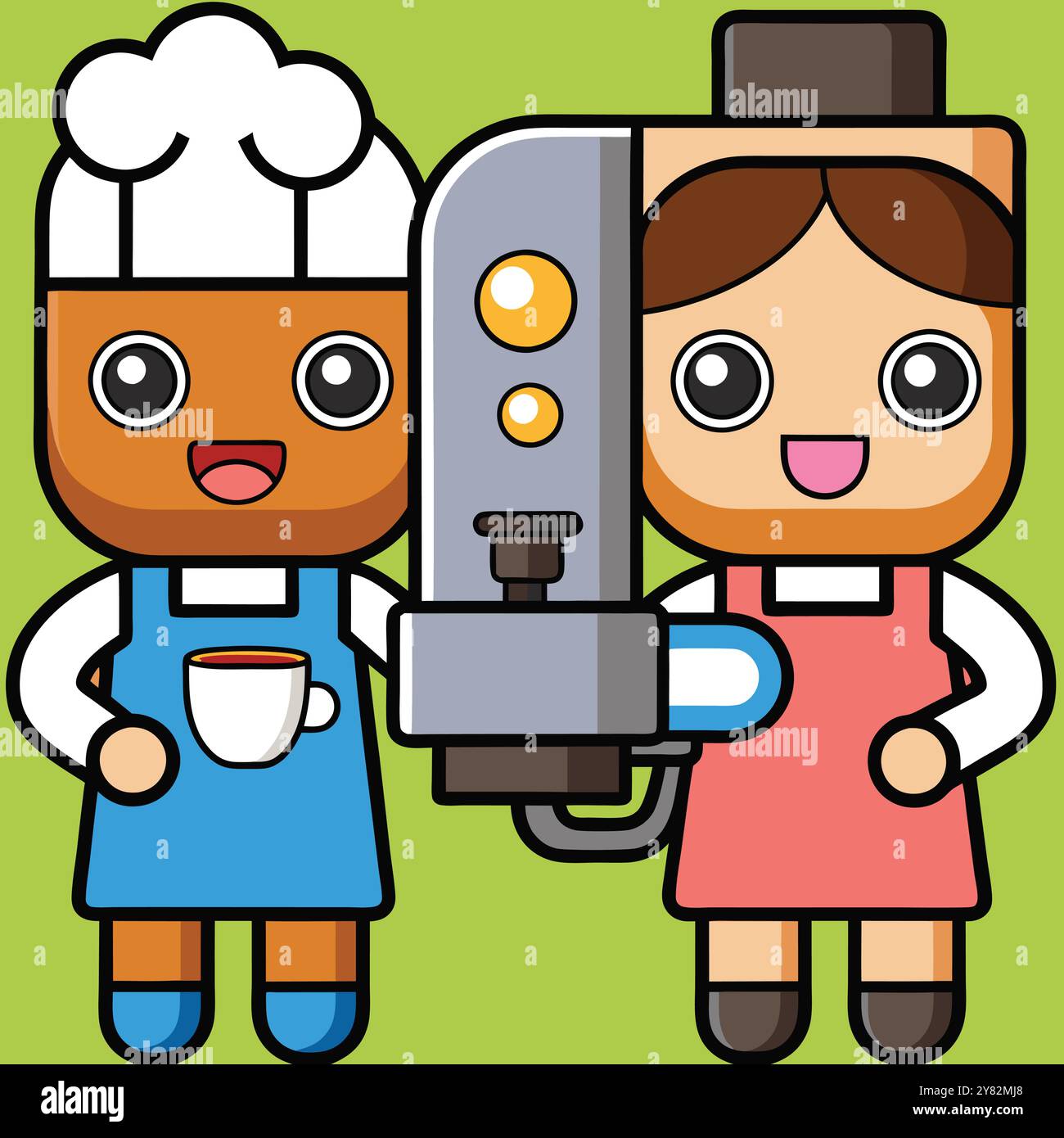 Cute cartoon characters. a barista and a chef. standing side by side in ...