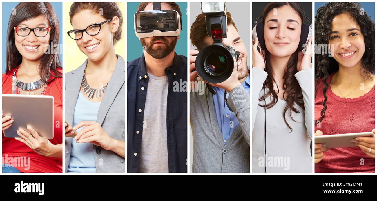 Adults using various technologies for work and leisure as a collage ...