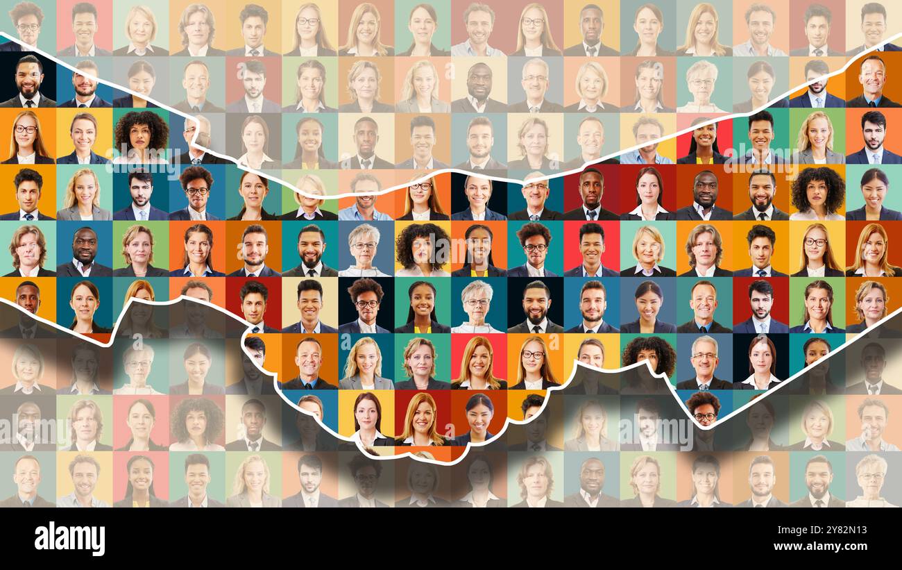 Business handshake in front of panorama of colorful business portraits ...