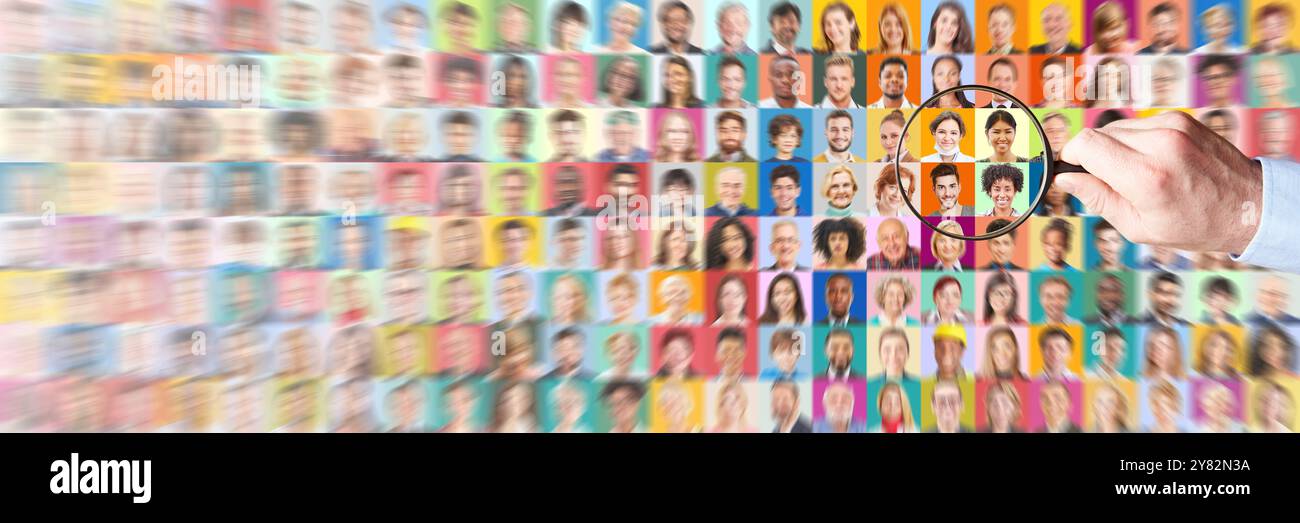 Hand with magnifying glass searching in portraits of people of many ...