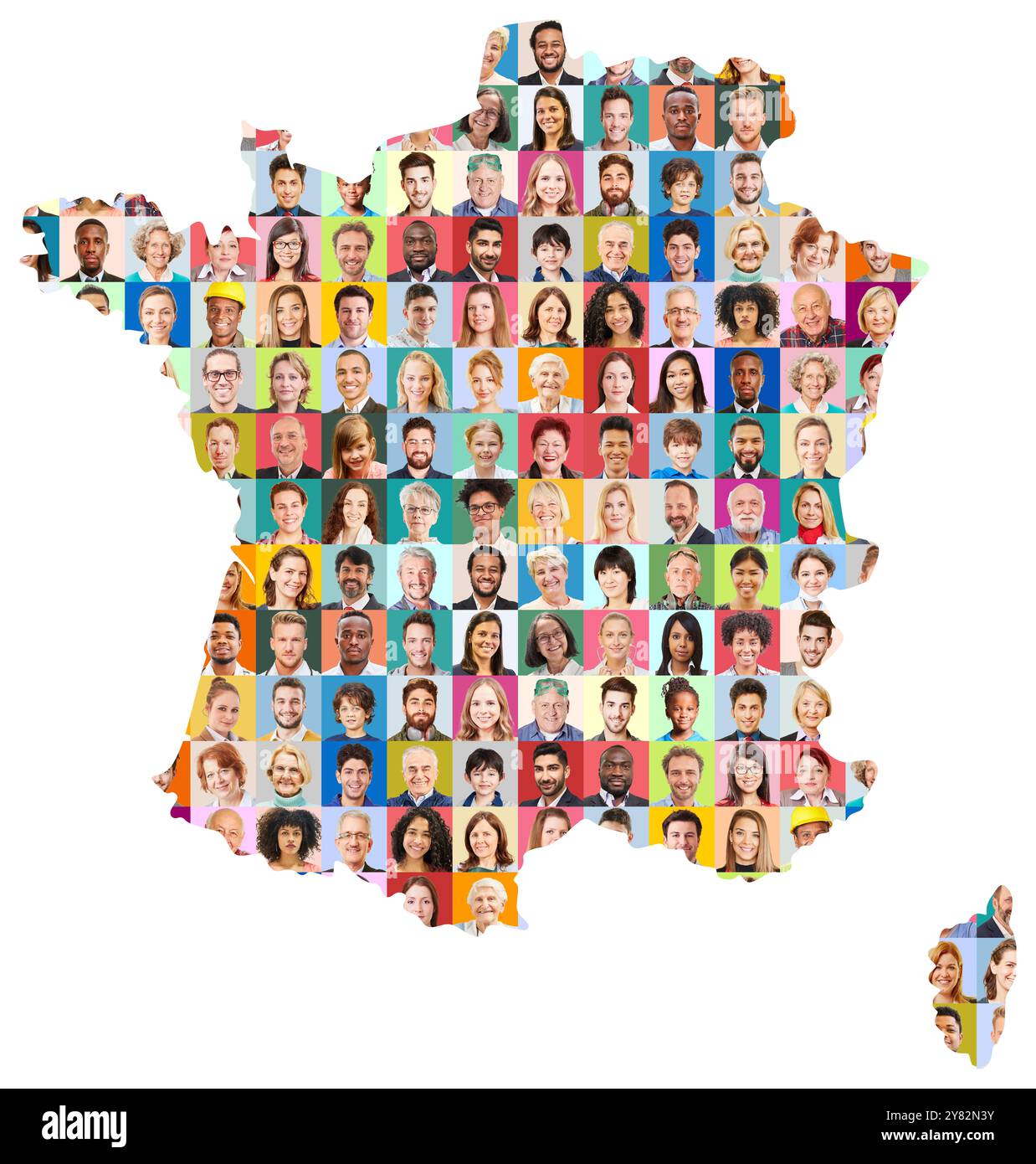 Portraits of people of many generations on map of France as society ...