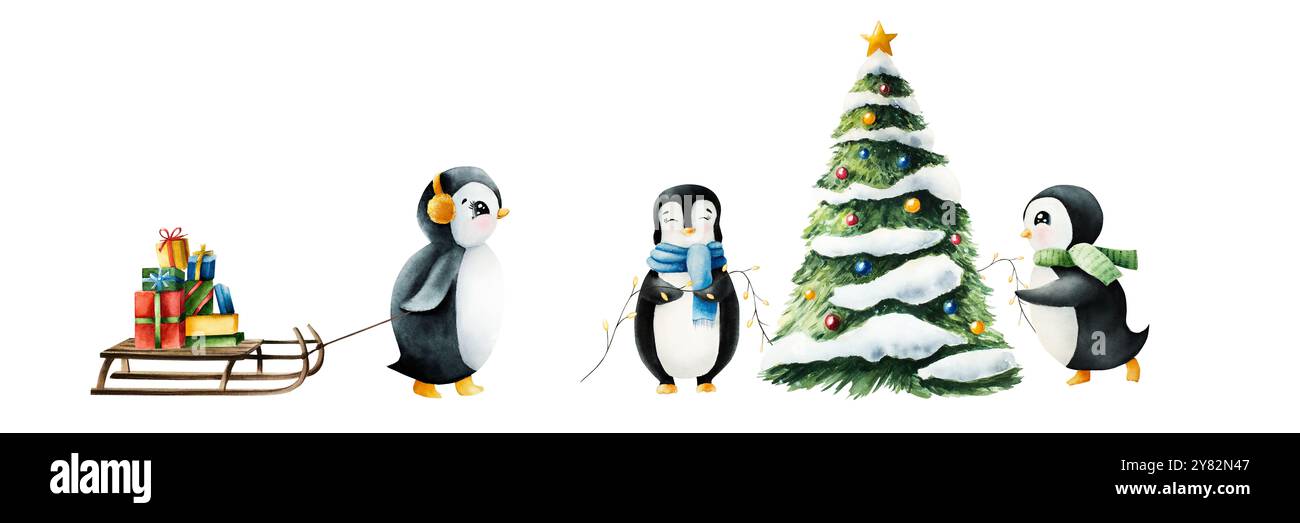 Cute smiling penguins decorating the Christmas tree. Garland with gold ...